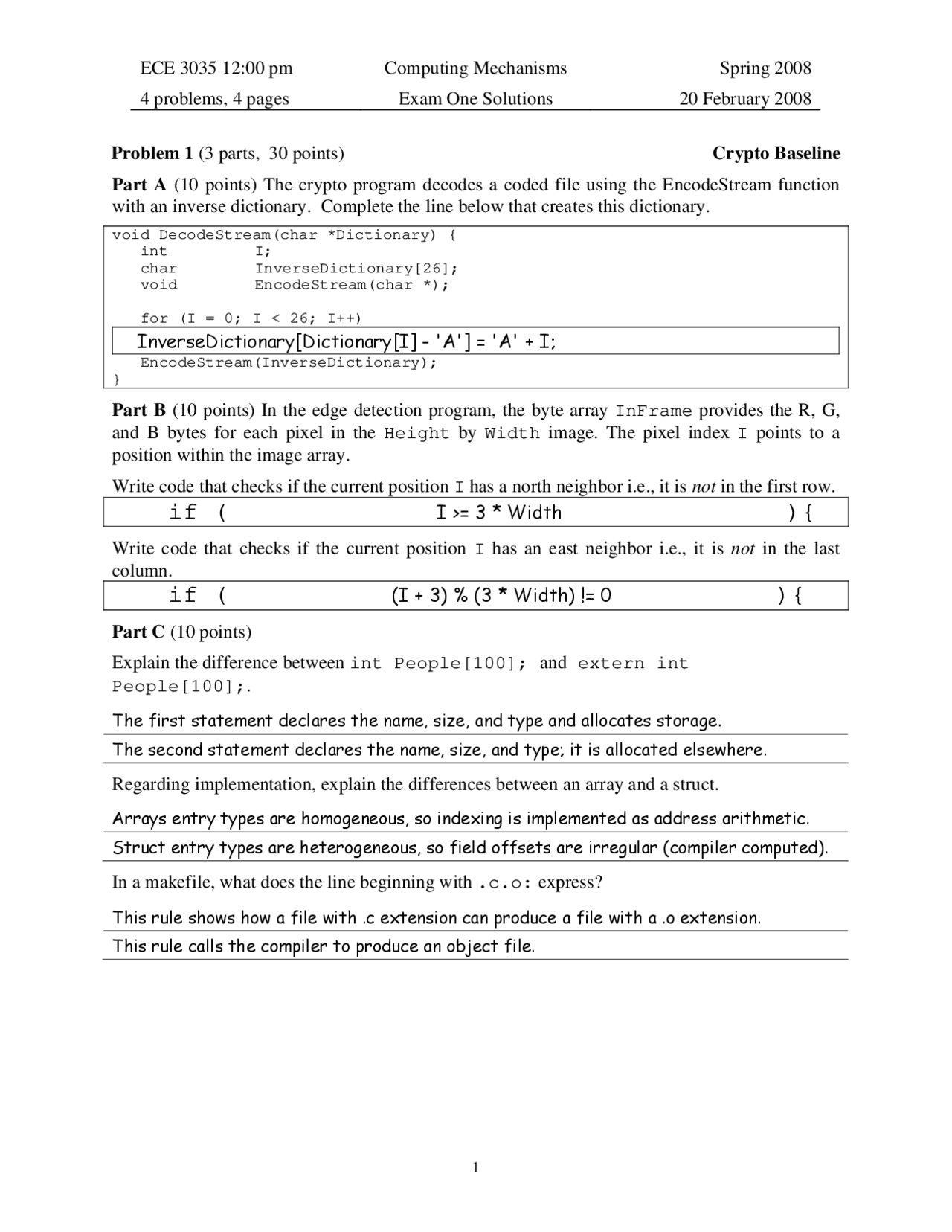 Resolution of Practice Exam 1 - Computing Mechanisms - Spring 2008 | ECE 3035 | Exams Electrical ...