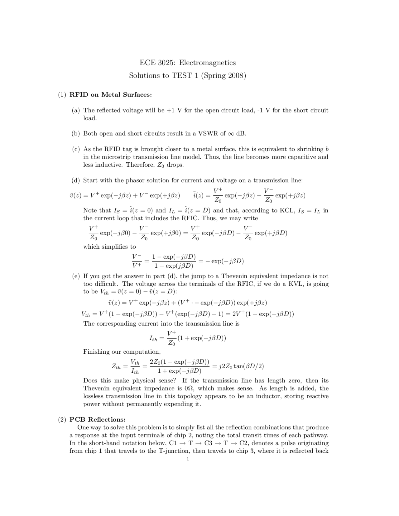 Solutions To Test 1 Electromagnetics Ece 3025 Docsity