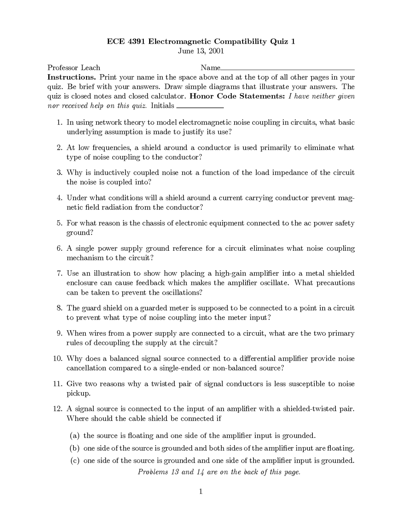 Practice Quiz 14 Problems On Electromagnetic Compatibility Ece 4391