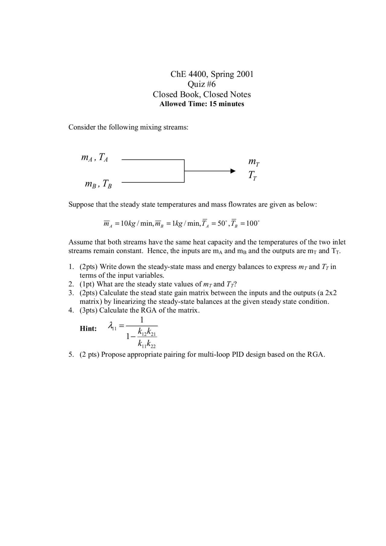 5 Problems In Quiz 6 Chemical Process Control Chbe 4400 Docsity
