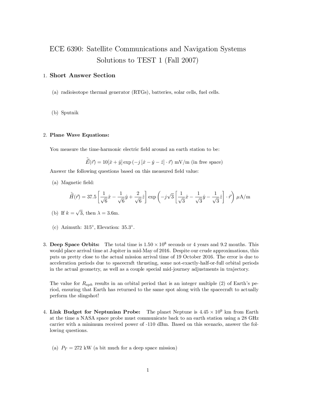 Solutions To Test 1 Satellite Communications And Navigation Systems