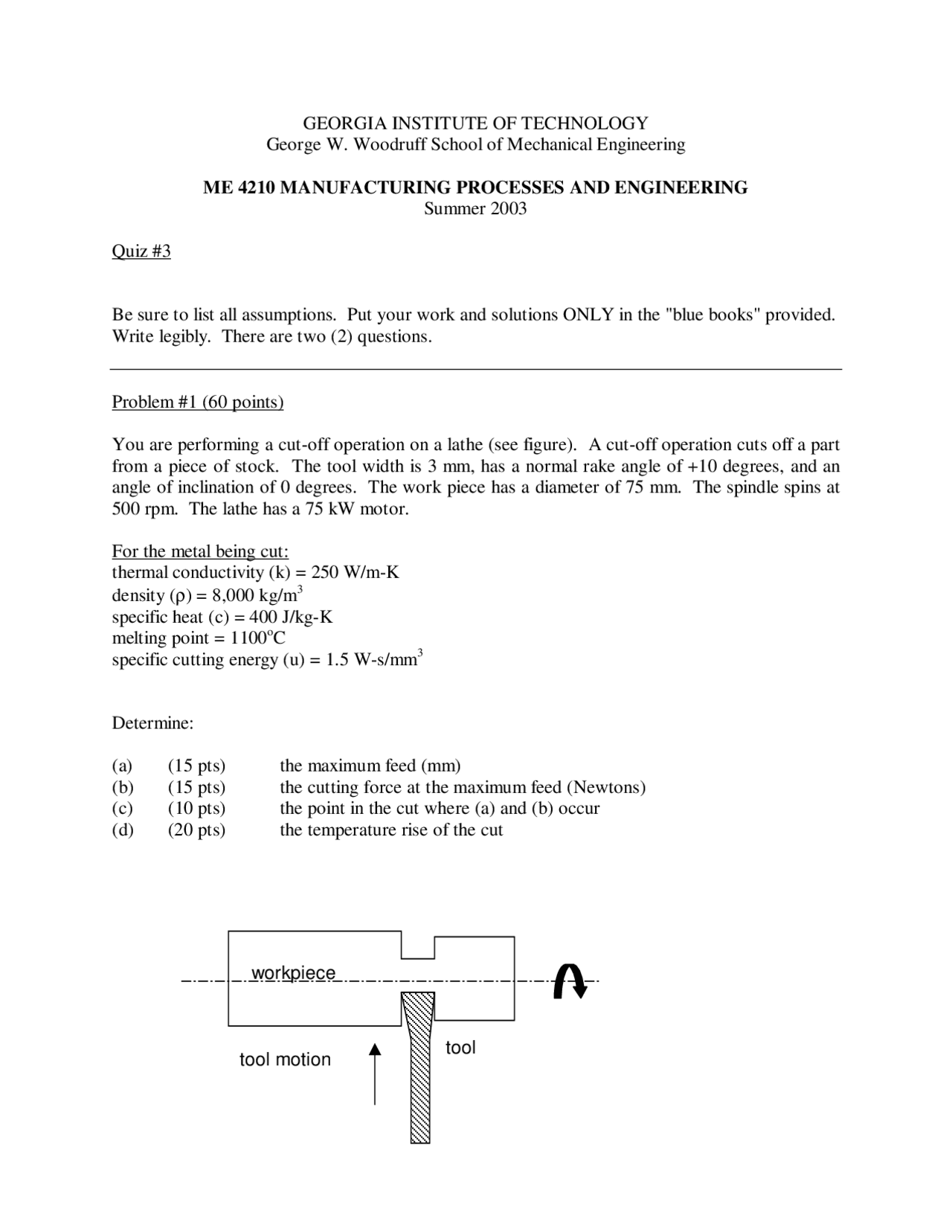 Quiz 3 Problems Manufacturing Process Engineer Me 4210 Docsity