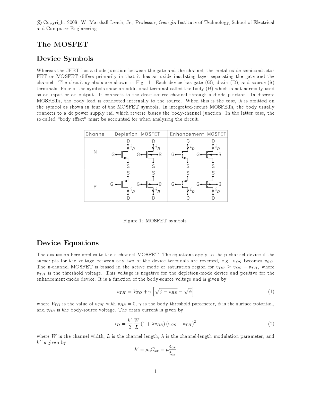 The MOSFET - Lecture Notes - Analog Electronics | ECE 3050 | Study ...