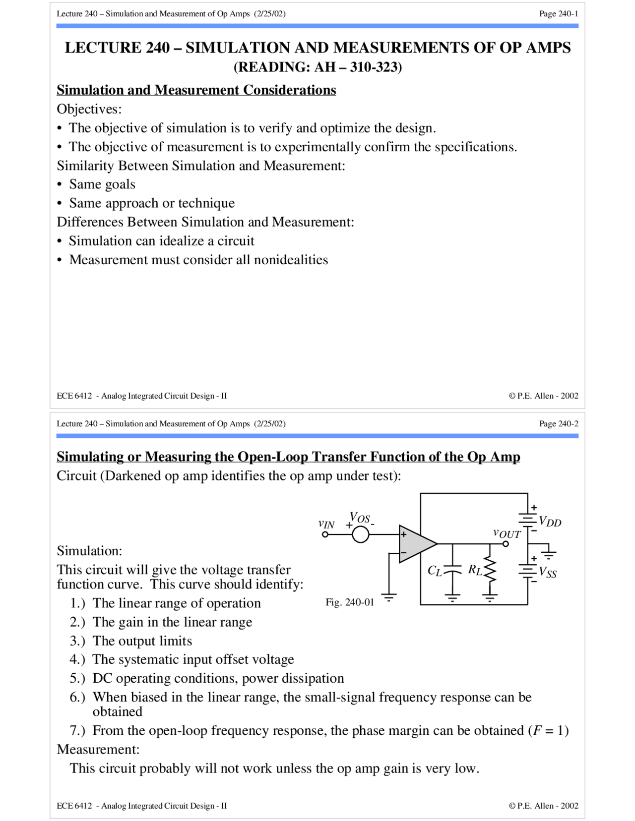 Simulation and Measurements of OP AMPS - Analog Integrated Circuit Dgn | ECE 6412 - Docsity