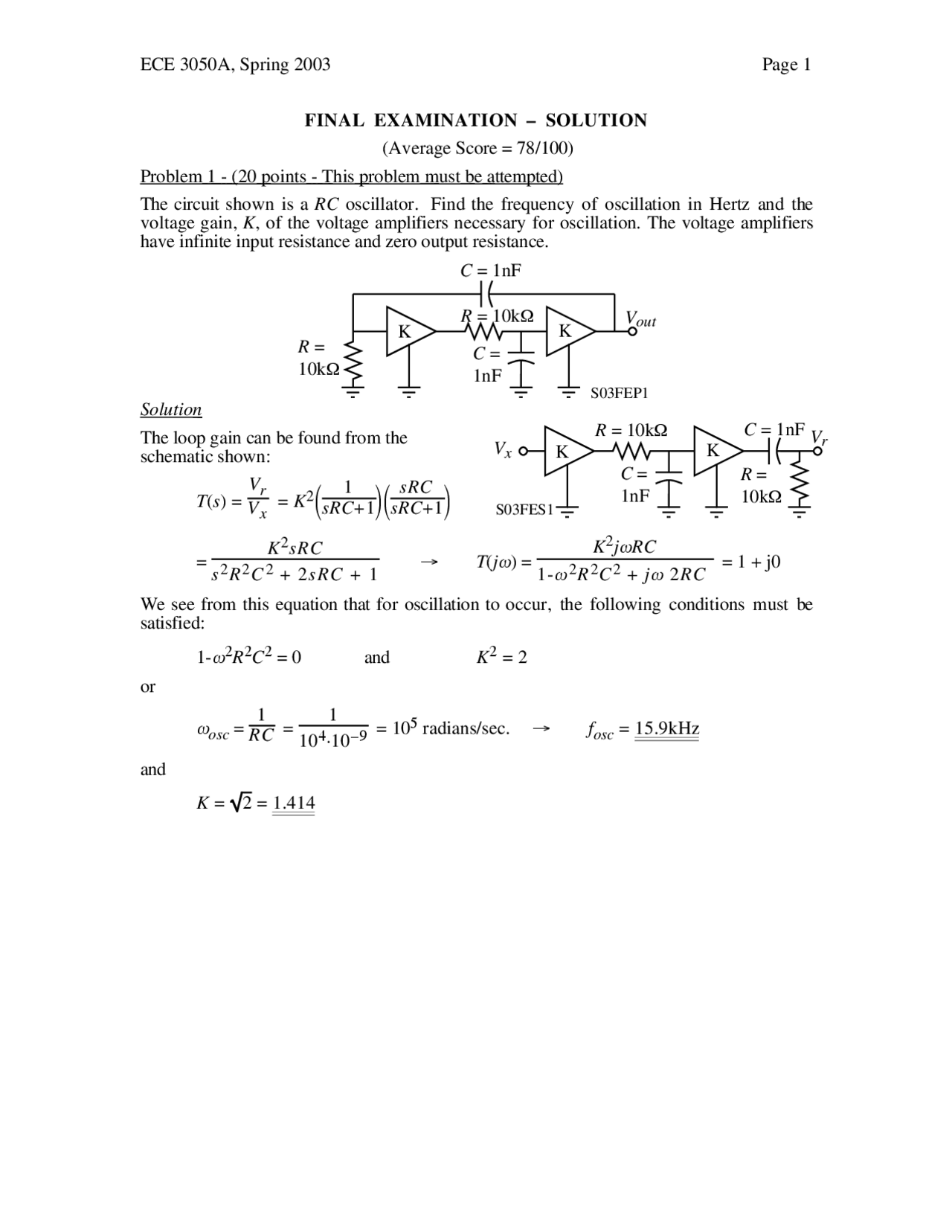 Solutions For Final Exam Analog Electronics Ece 3050 Docsity