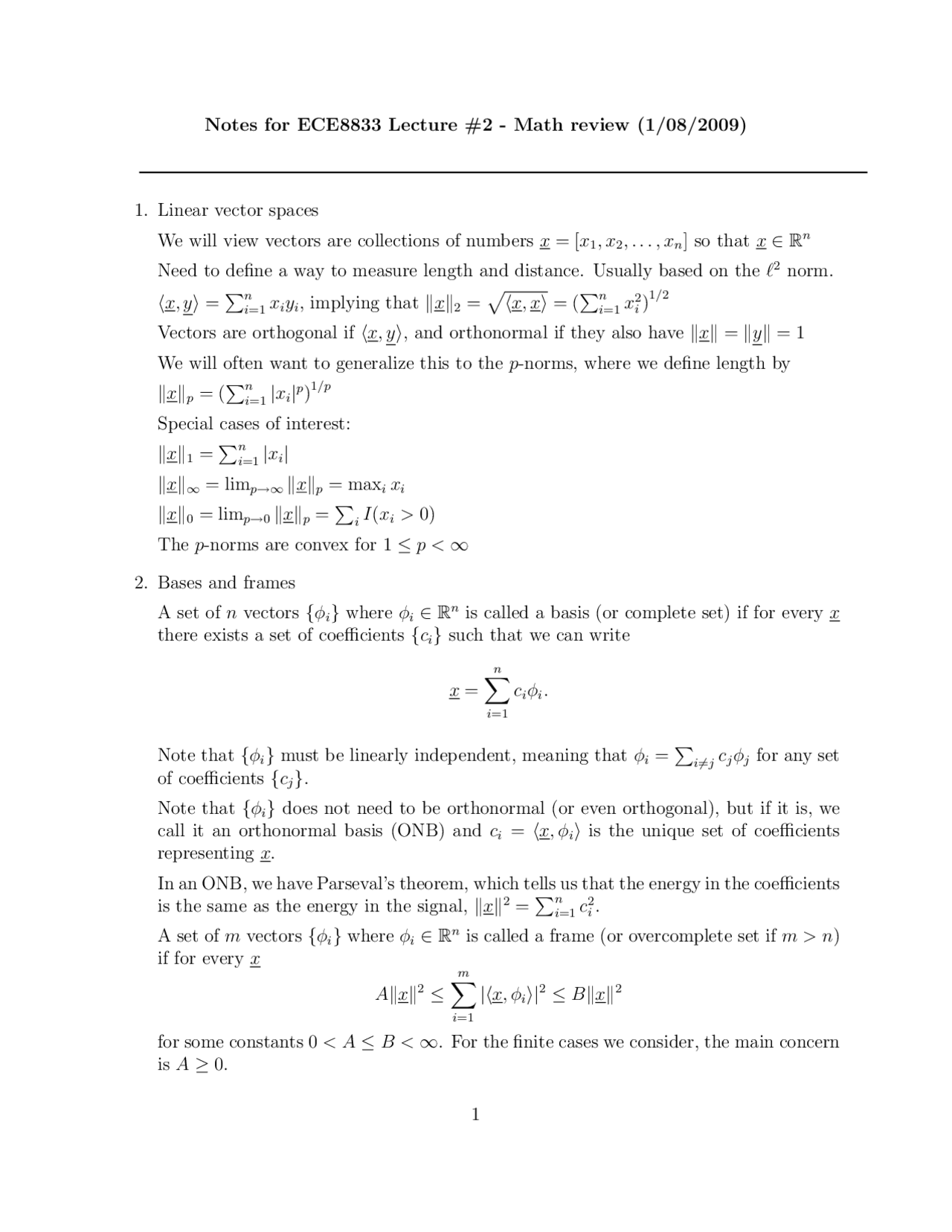 Linear Vector Spaces Bases And Frames Notes Ece 8833 Docsity