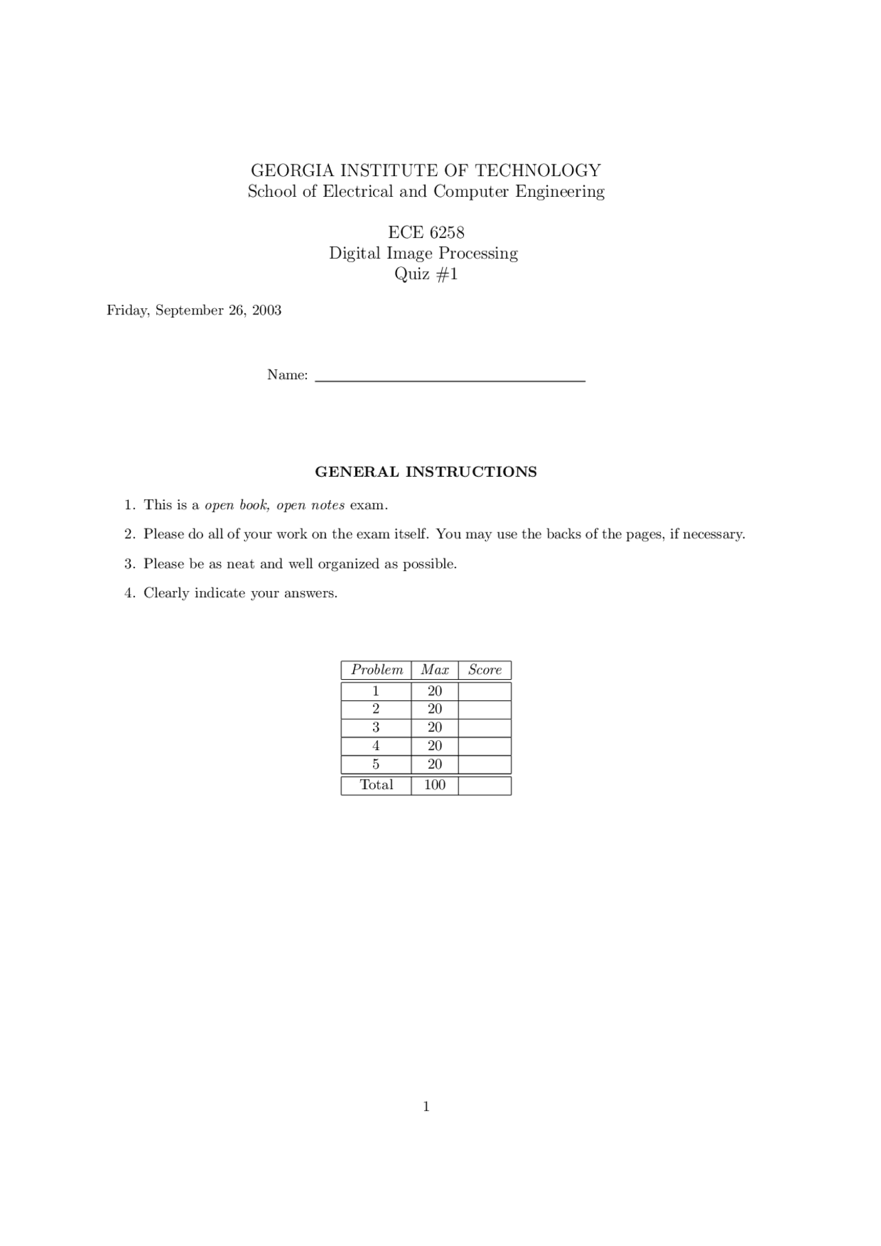 Quiz 1 Practice Problems Digital Image Processing Ece 6258 Quizzes Digital Signal 