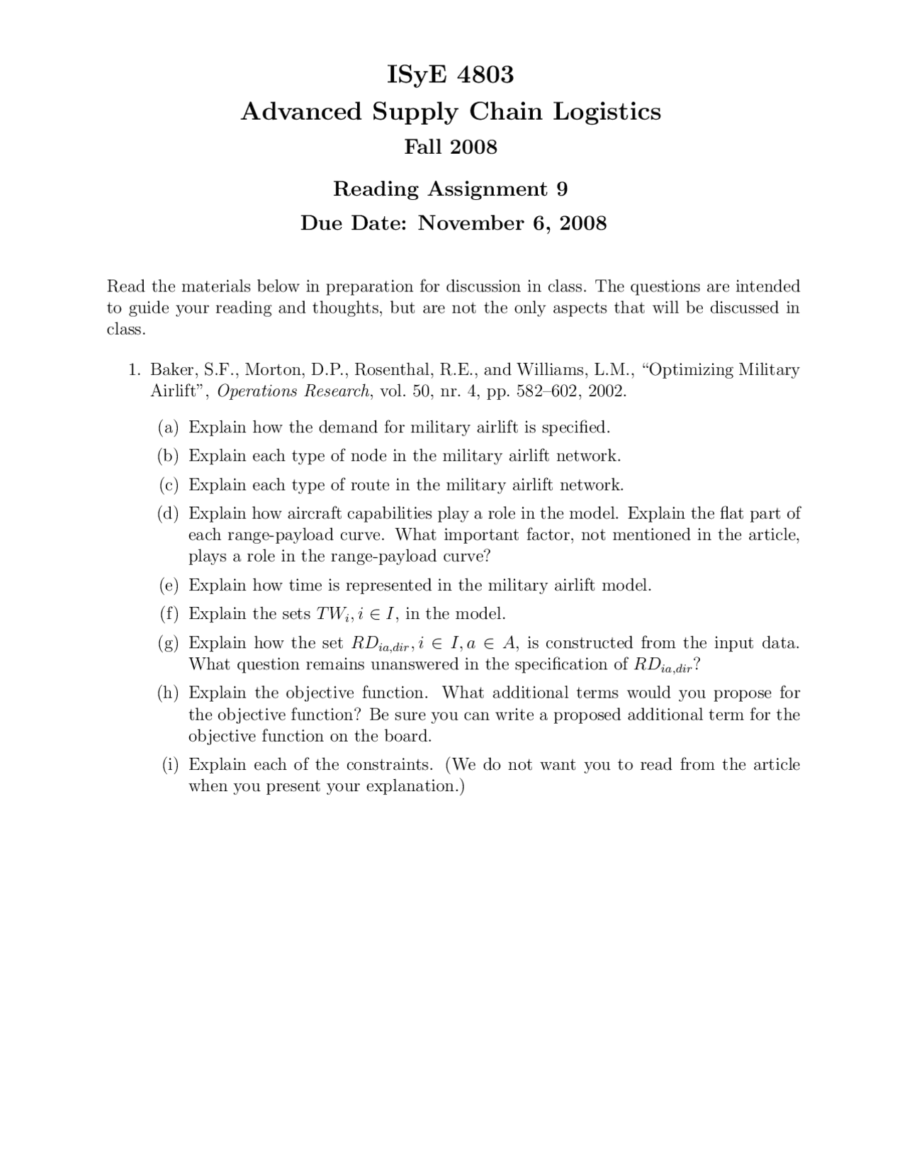 Advanced Supply Chain Logistics - Assignment | ISYE 4803 - Docsity