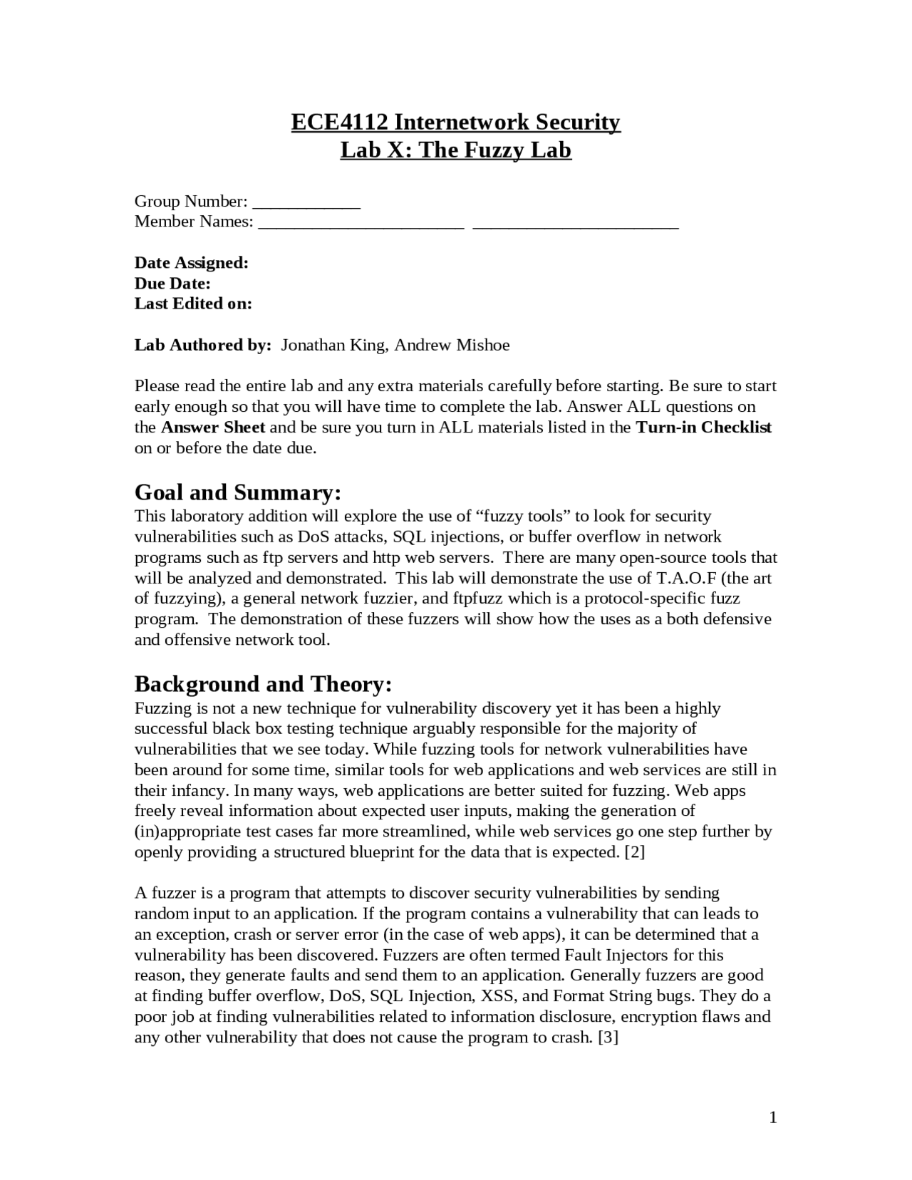 The Fuzzy Lab Internetwork Security Laboratory Report 10 Ece 4112