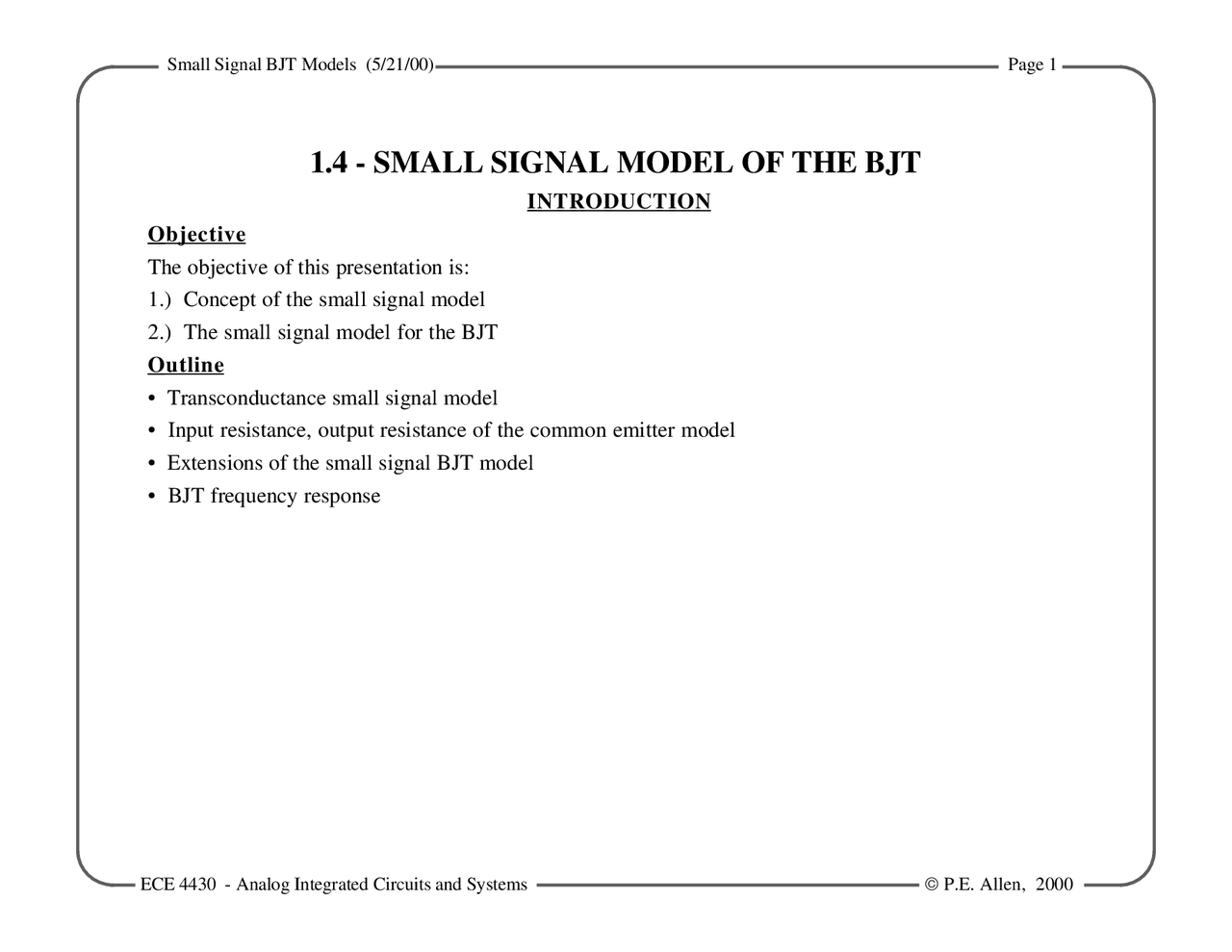 BJT Small Signal Modeling: Transconductance, Resistance, Extensions ...
