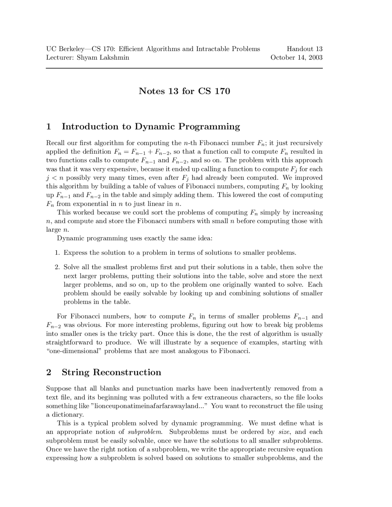 Dynamic Programming String Reconstruction Edit Distance Cs 3510 Docsity
