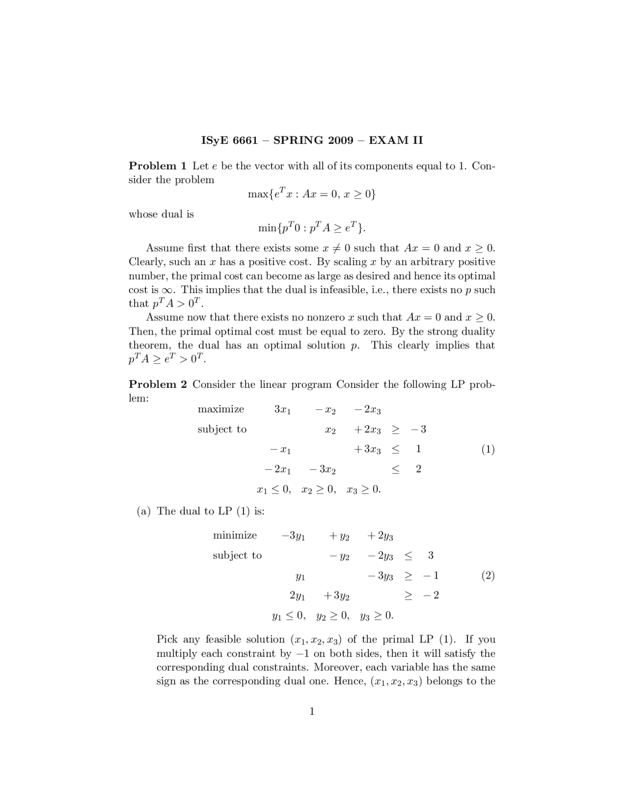 Problem Set Exam 3 Linear Optimization Spring 2009 Isye 6661