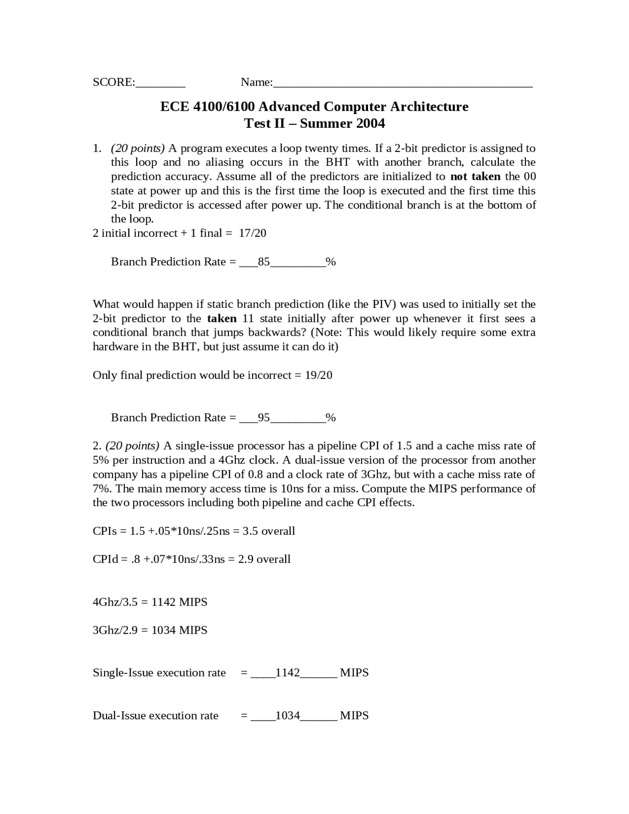 Exam 2 Solved Problems Advanced Computer Architecture Ece 4100