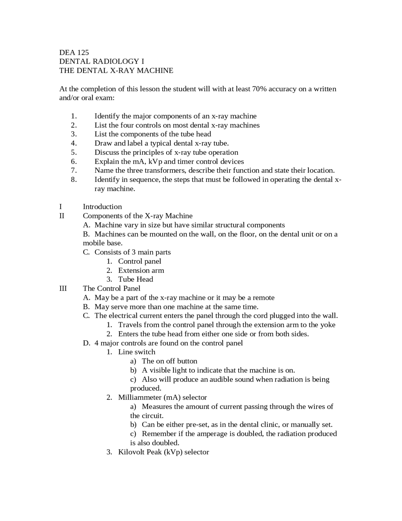 The Dental X-Ray Machine - Study Guide | DEA 125 | Exams Dental ...