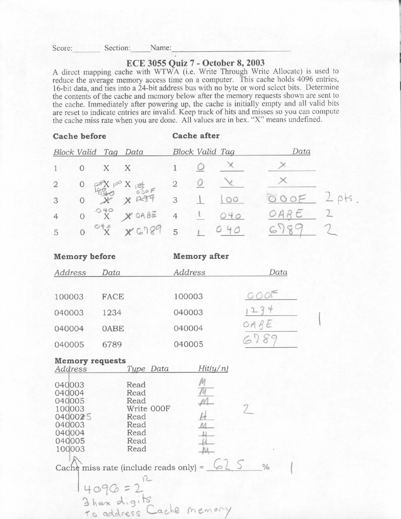 Computer Architecture and Operating Systems - Resolution of Quiz 7 | ECE 3055 - Docsity
