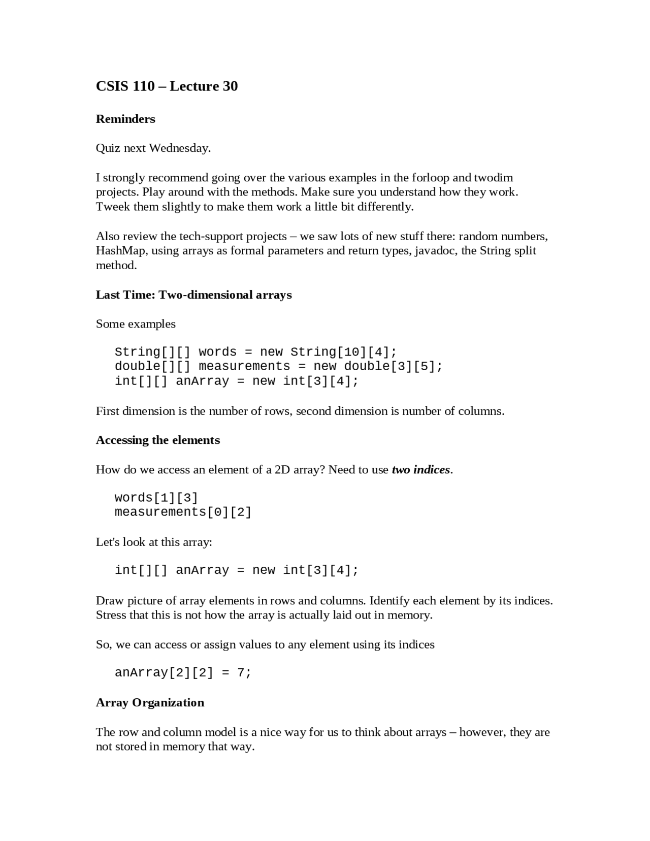 The Two Dimensional Arrays And The Arrays Organization Csis 110 Docsity