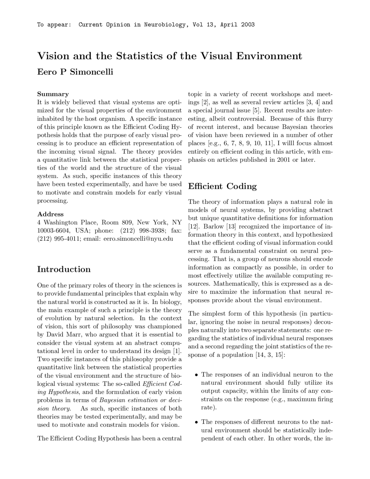 Vision And The Statistics Of The Visual Environment Ece 8833 Docsity