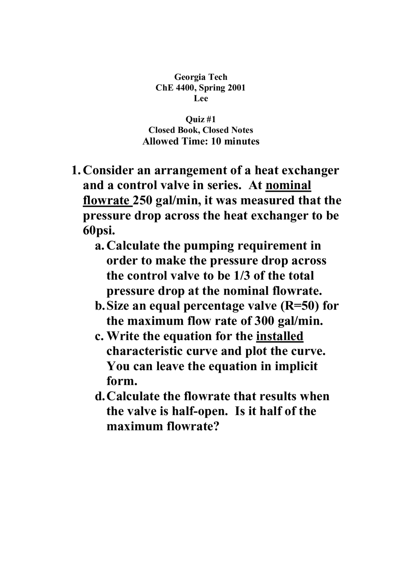 Quiz 1 Questions Chemical Process Control Chbe 4400 Docsity