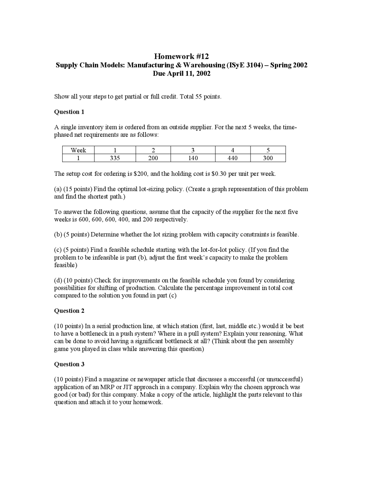 Sample Homework 12 Supply Chain Modeling Manufacturing And