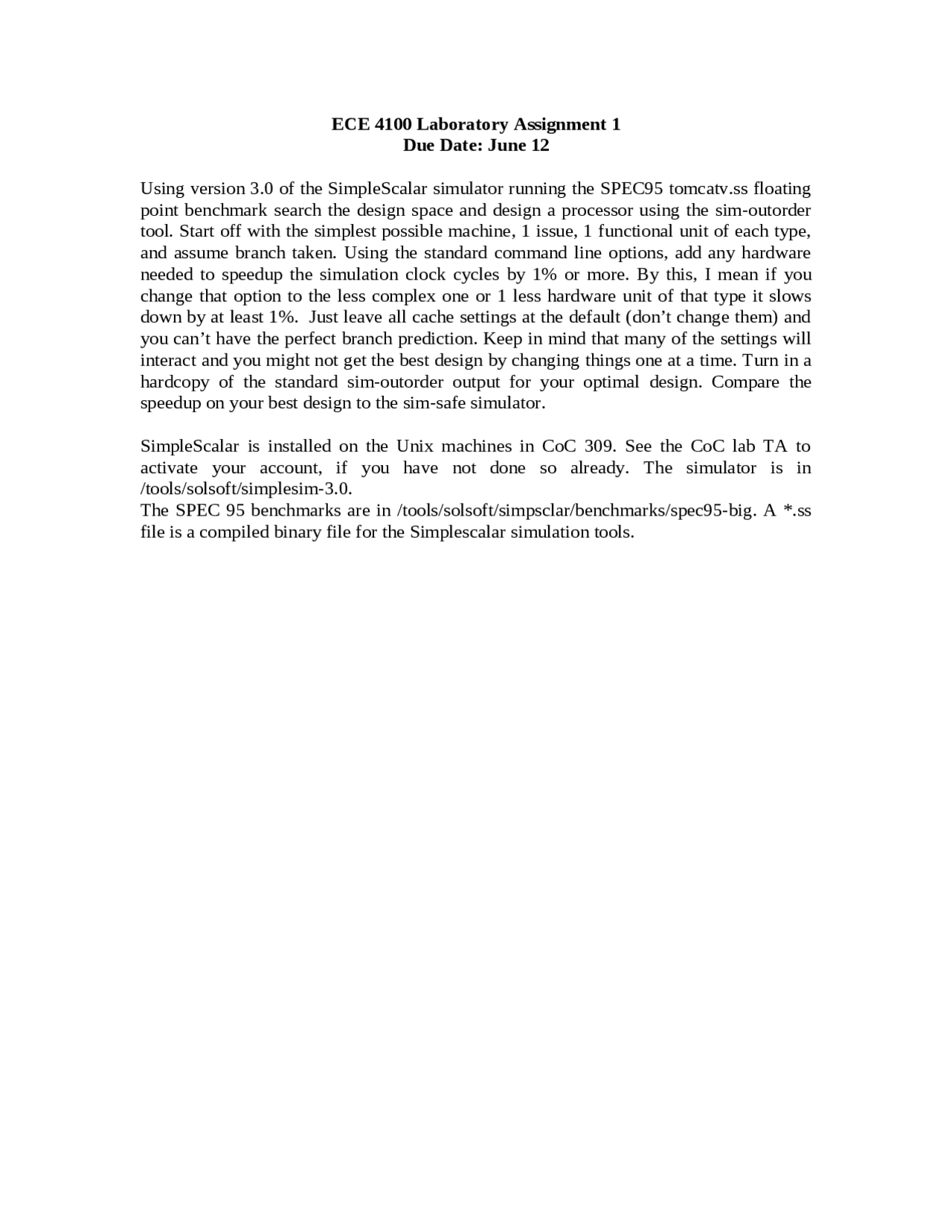 Simple Scalar Simulator - Advanced Computer Architecture - Assignment 1 | ECE 4100 - Docsity