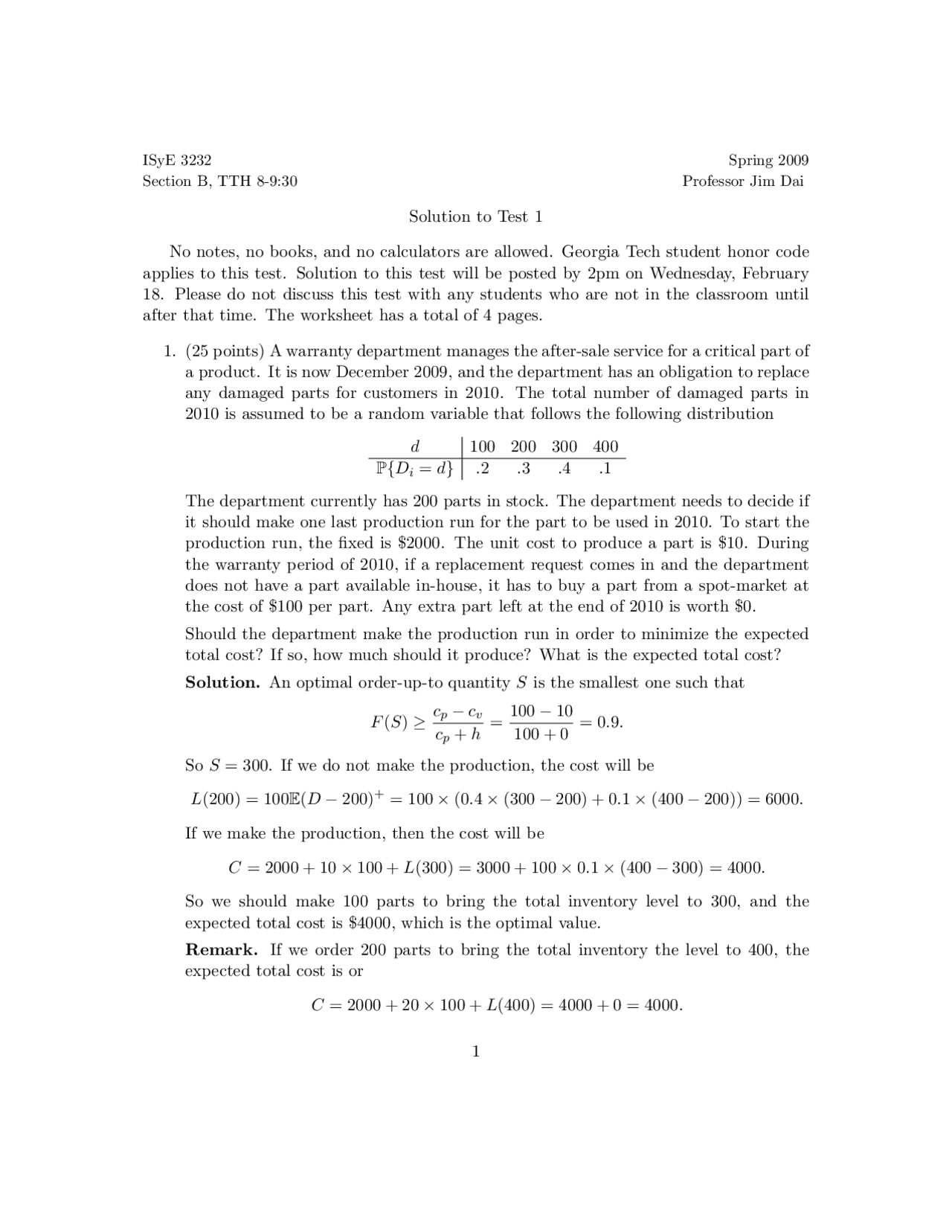 Solutions To Test 1 Stochastic Manufacturing And Service Systems