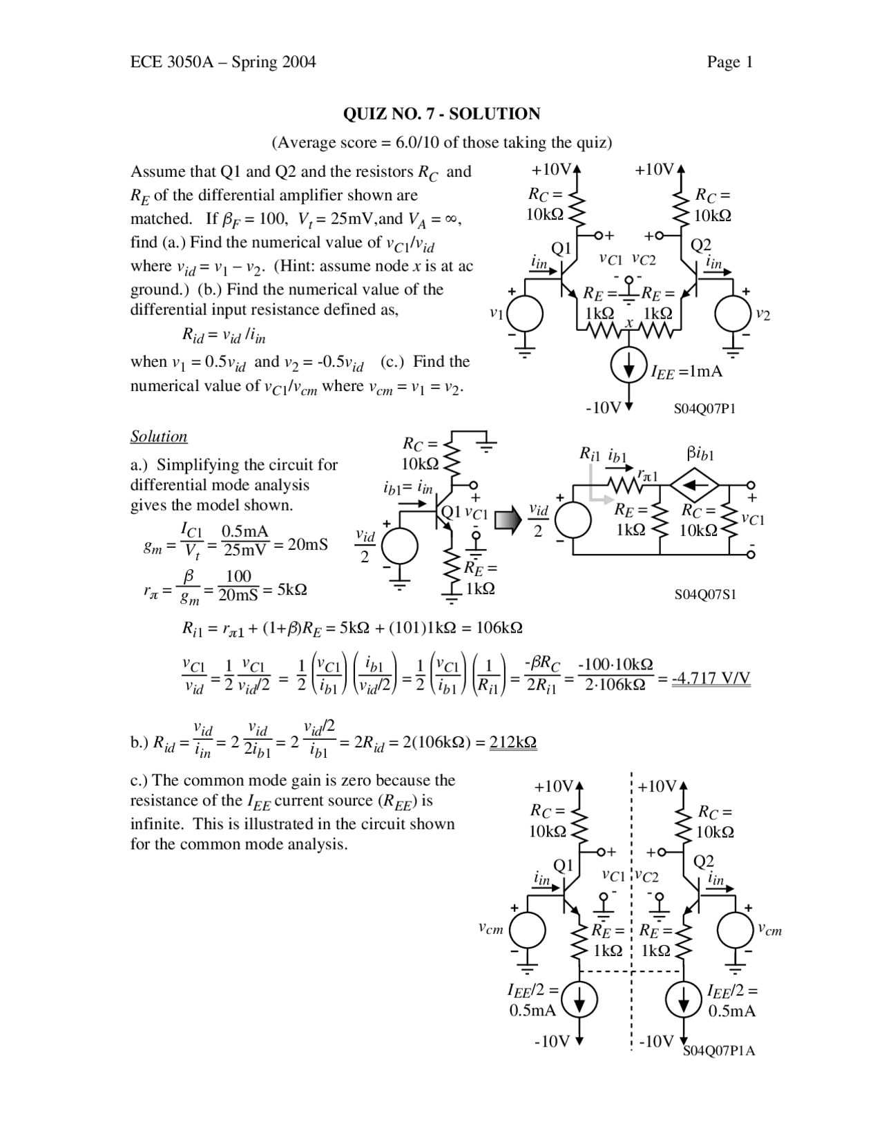 Quiz 7 Solutions Spring 2004 Analog Electronics Ece 3050 Docsity