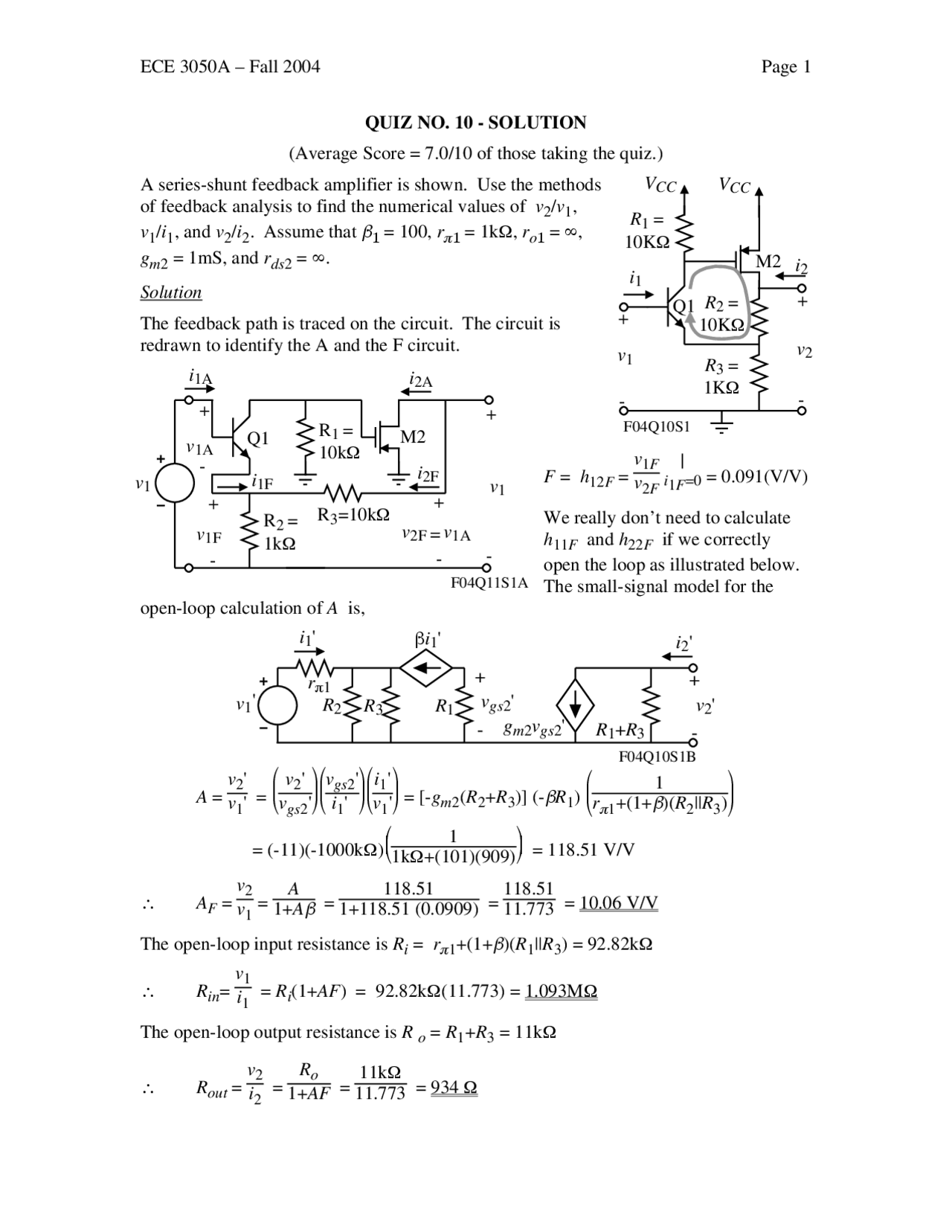 Quiz 10 Solutions Analog Electronics Fall 2004 Ece 3050 Docsity
