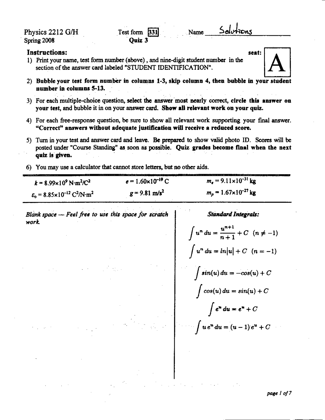 Solutions For Quiz 3 Introduction Physics I Phys 2212 Docsity