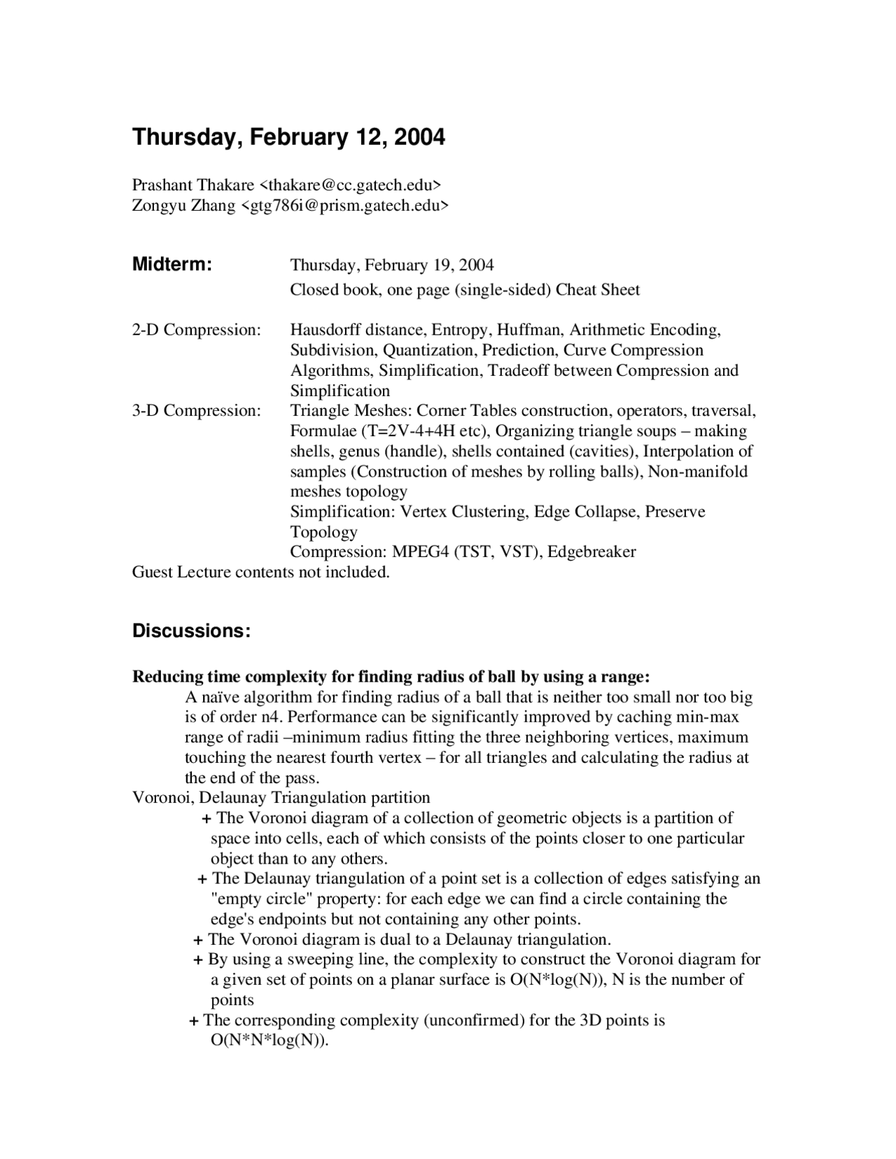 Review Sheet For Midterm Exam 3d Complexity Cs 7491 Docsity