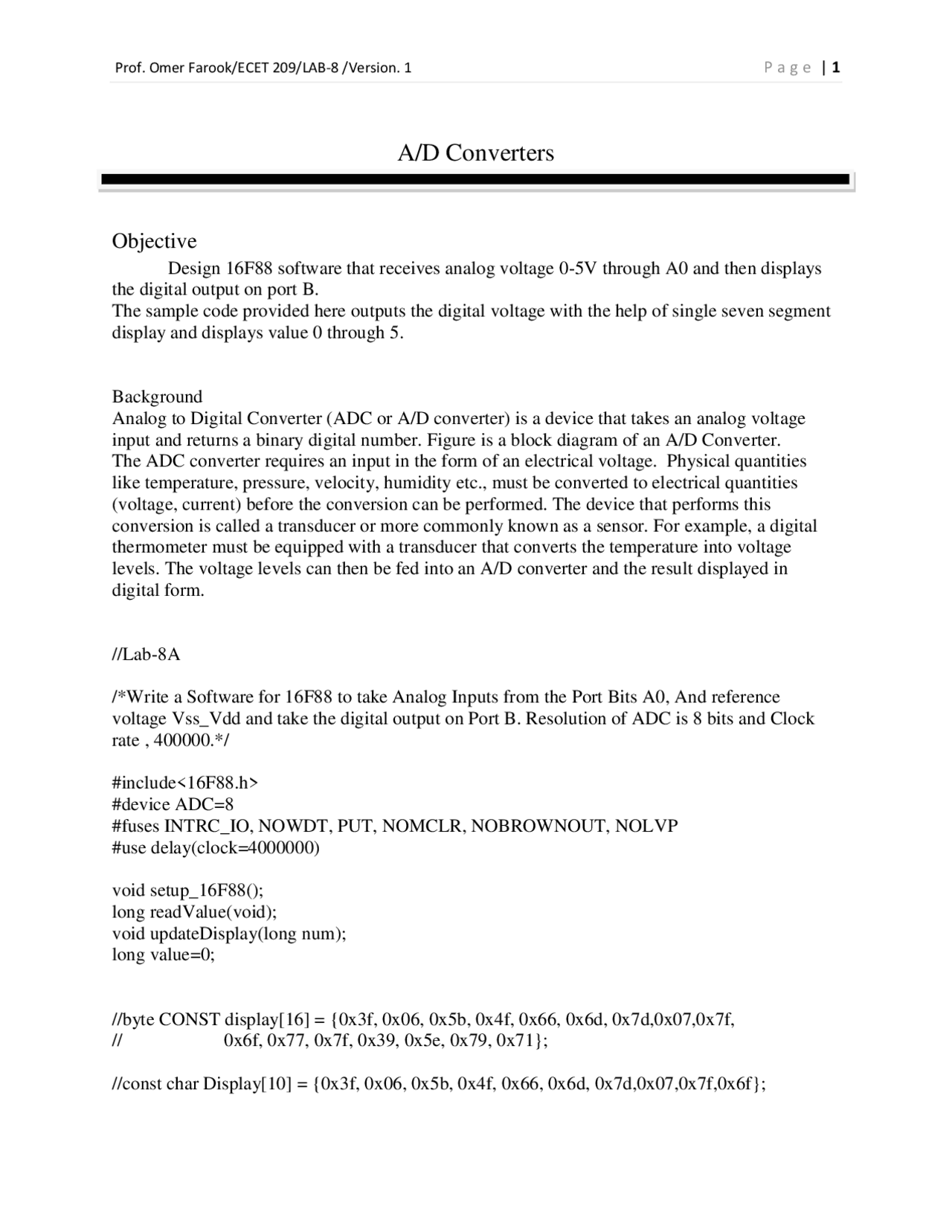 Lab 8 for A/D Converters - Introduction Microcontrollers | ECET 209 - Docsity