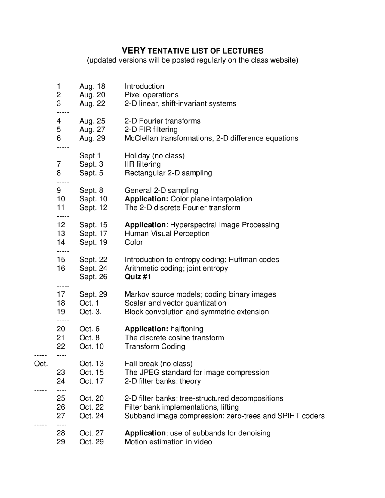 Introduction To Digital Imaging Processing List Of Lectures Ece
