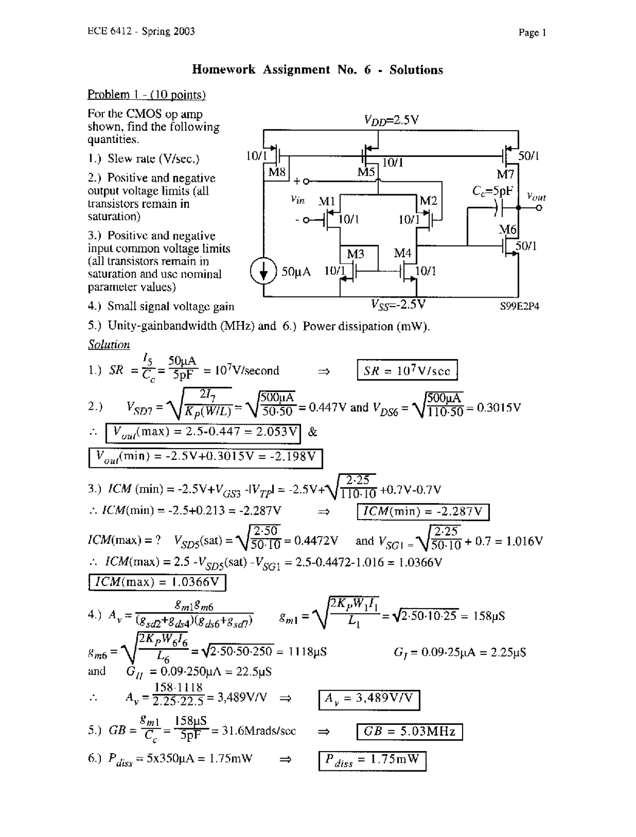 Homework 6 Solutions Analog Integrated Circuit Design Ece 6412