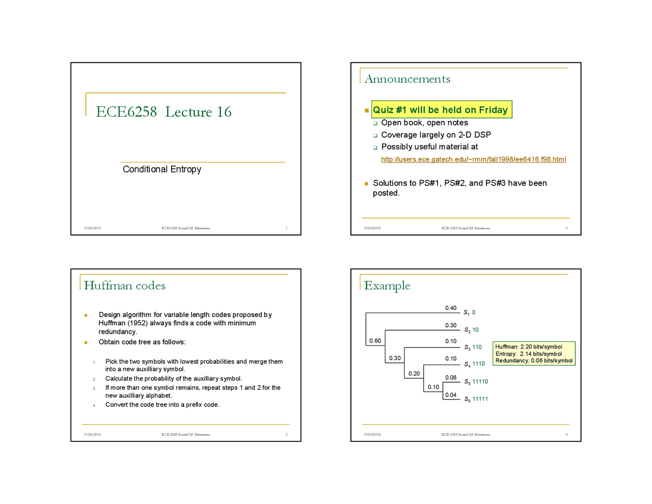 Lecture Slides For Conditional Entropy And Huffman Codes Ece 6258