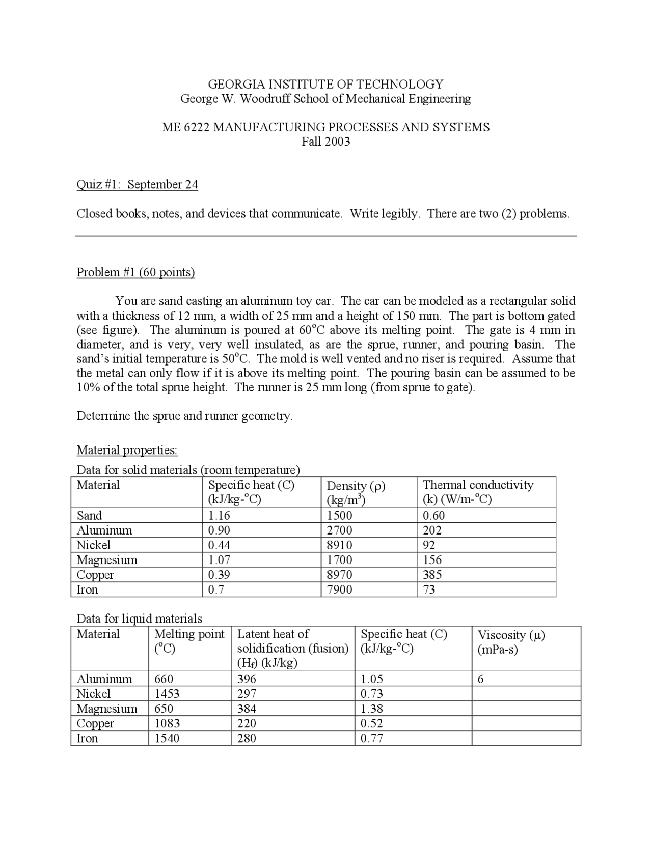 Quiz 1 Solved 2 Problems Of Manufacturing Processes And Analysis Me