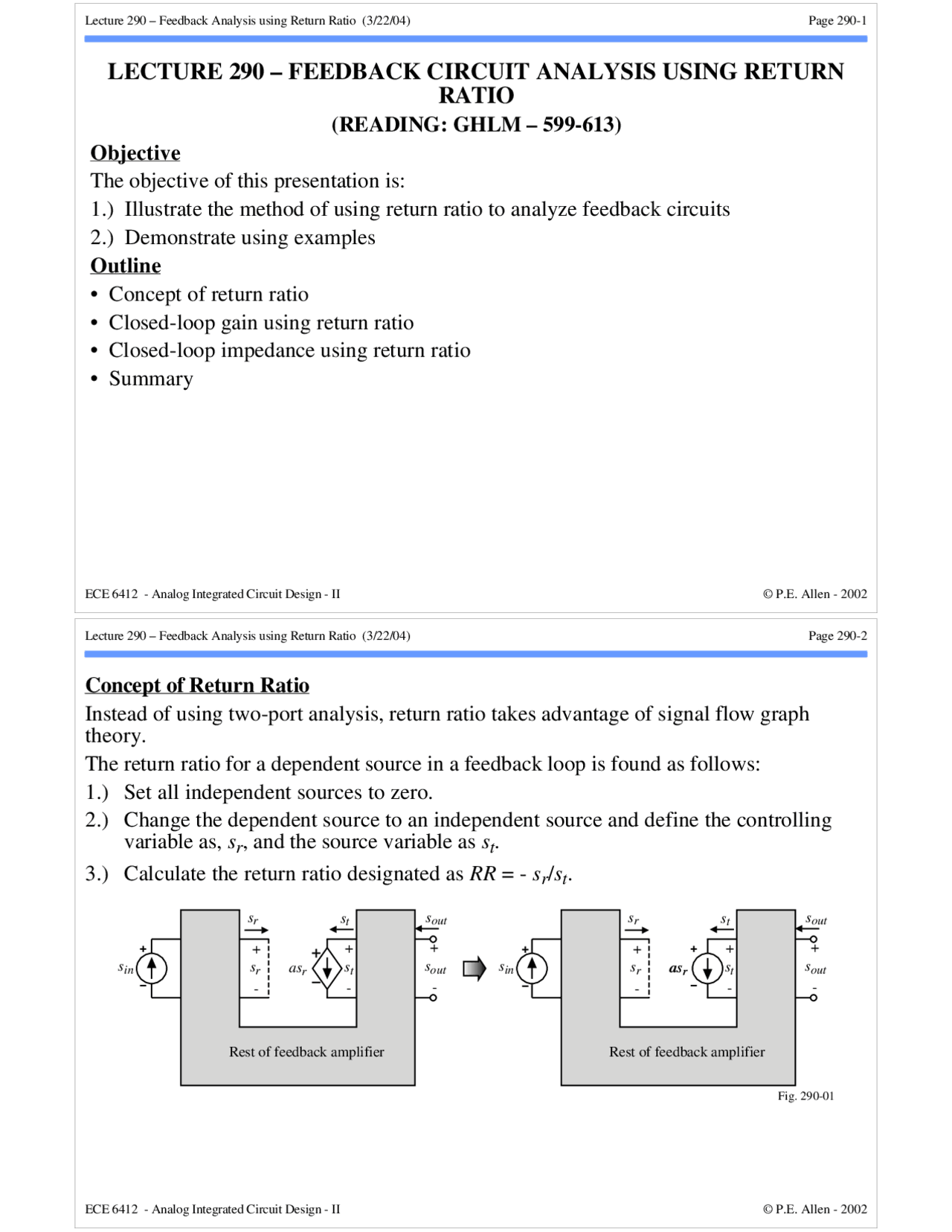 Feedback Circuit Analysis Using Return Ratio Notes Ece 6412 Docsity