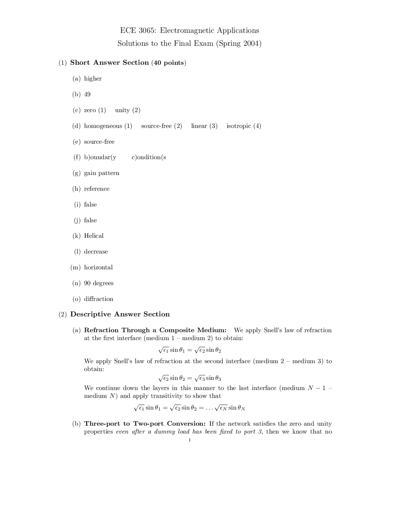 Solution To Final Exam Electromagnetic Applications Ece 3065