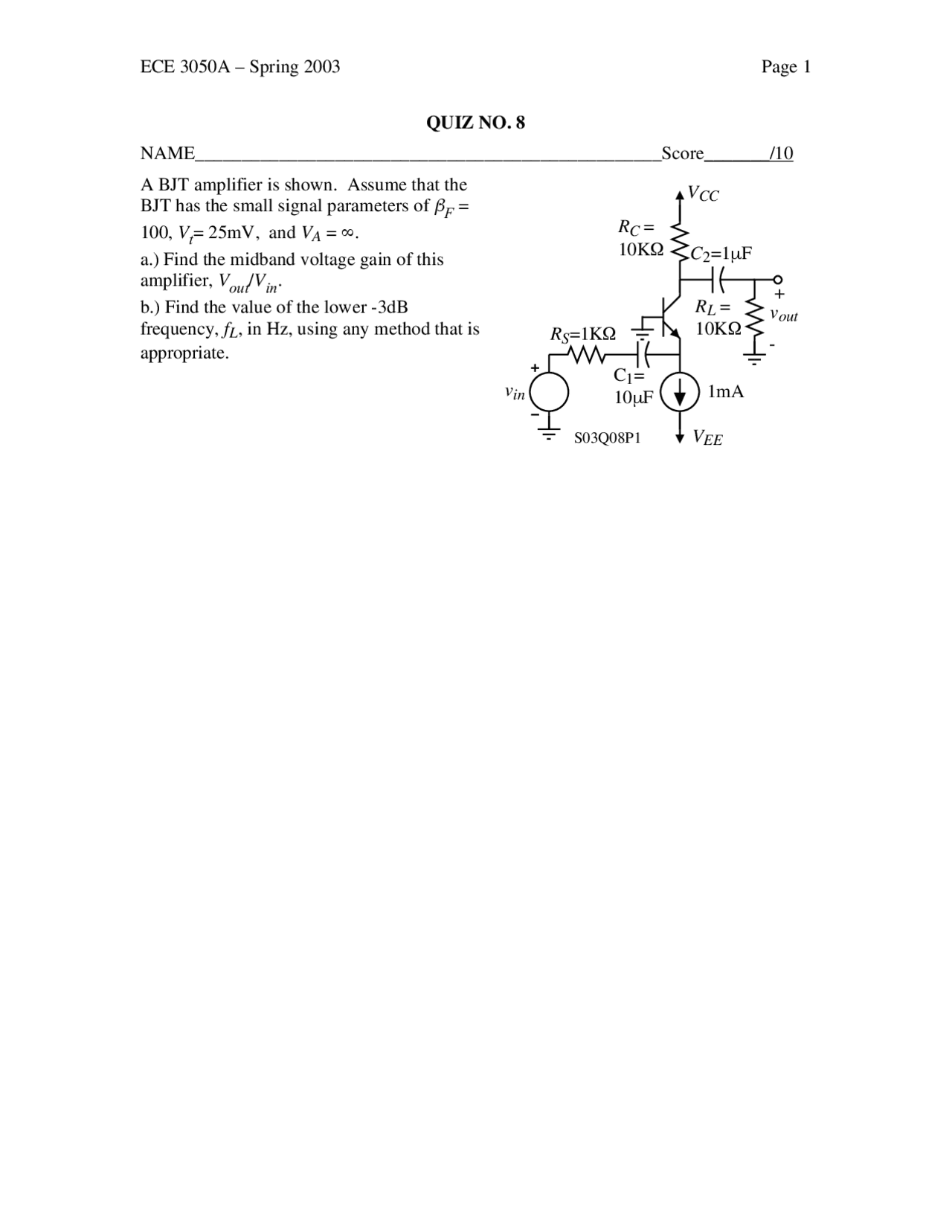 Unsolved Problem In Quiz 8 Analogue Electronics Ece 3050 Docsity