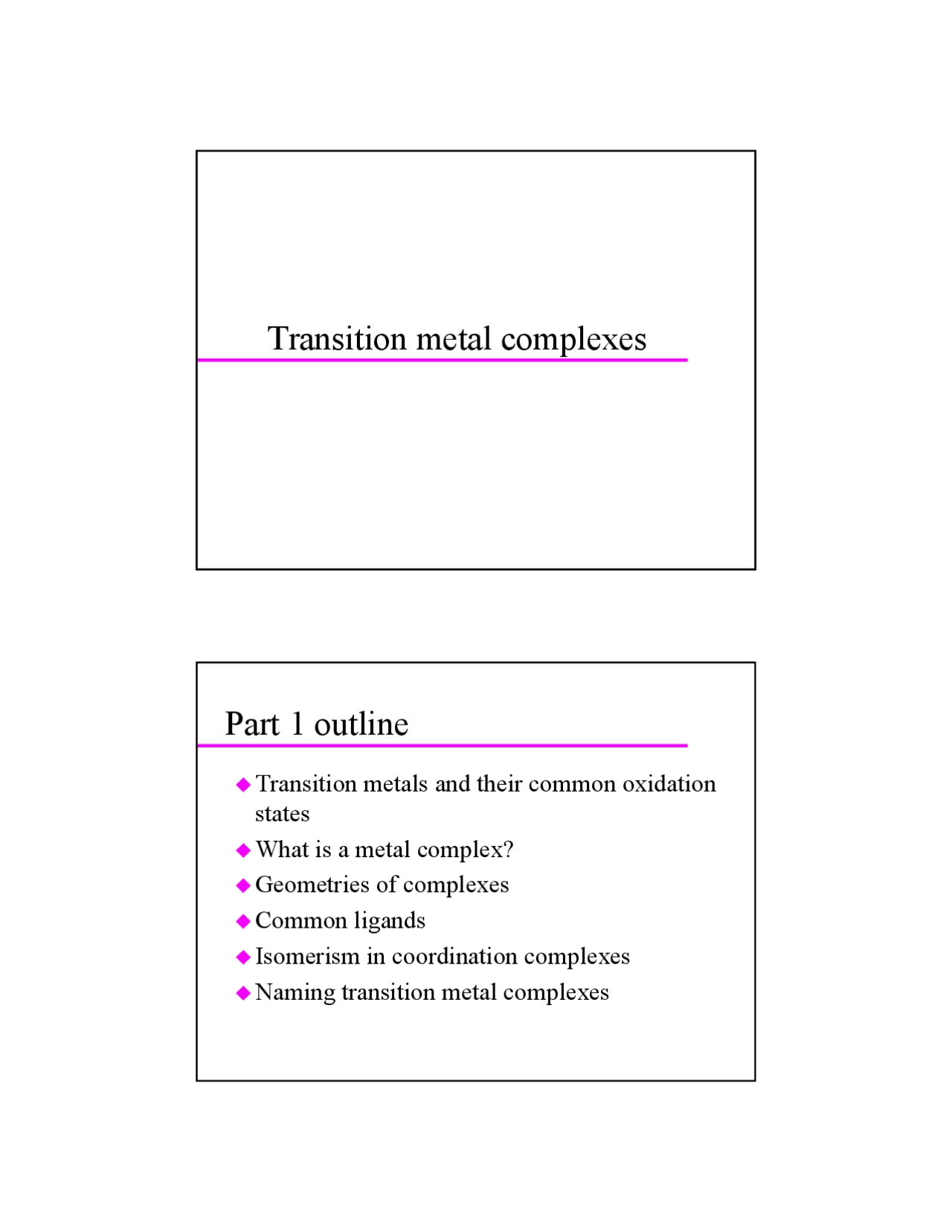 Lecture Slides on Transition Metal Complexes - Inorganic Chemistry ...