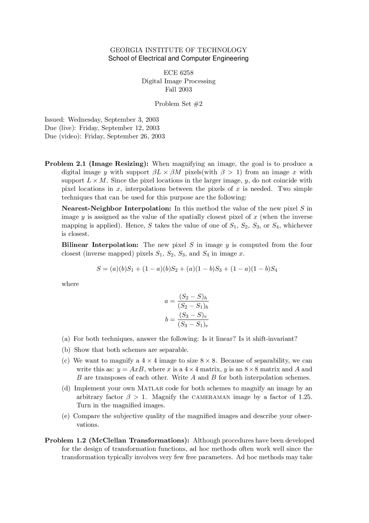 Digital Image Processing - Problem Set 2 - Fall 2003 | ECE 6258 - Docsity