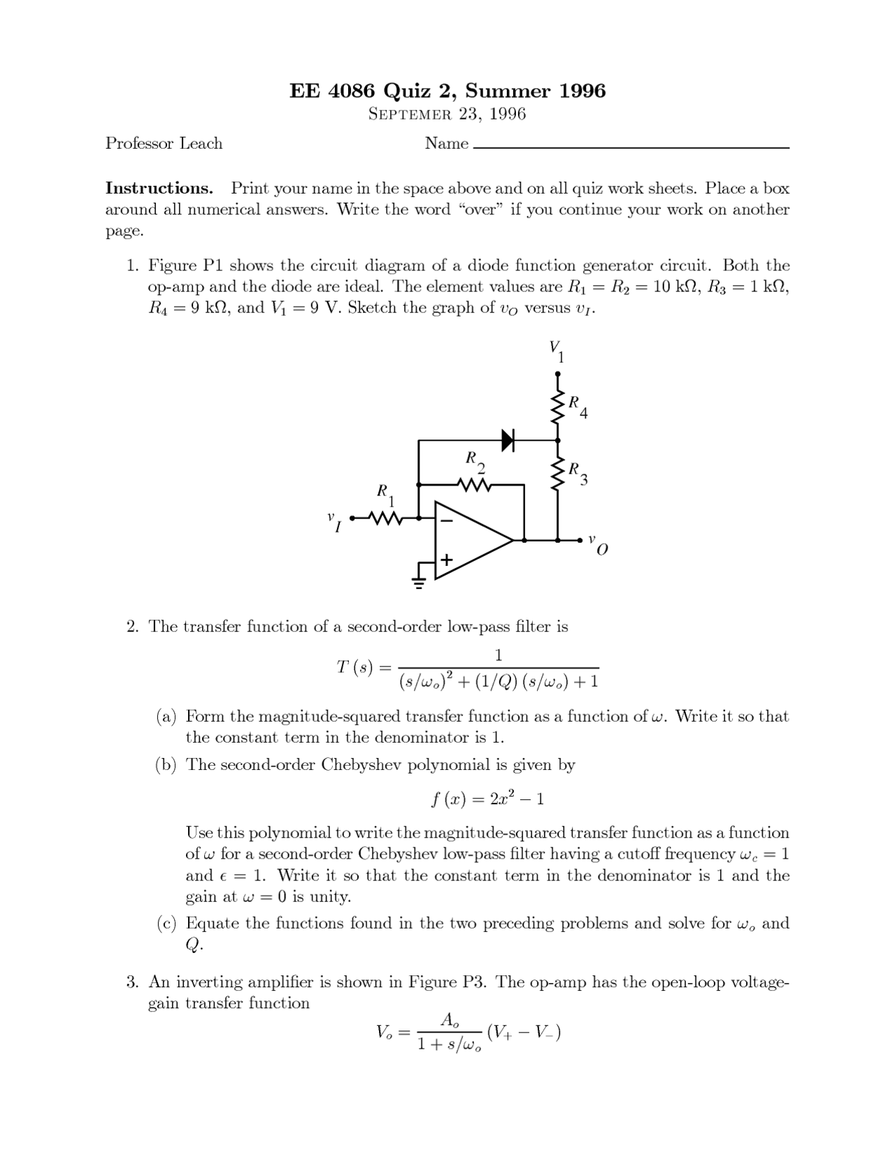 Questions For Quiz Ii Operational Amplifiers Design Ece 4435 Docsity