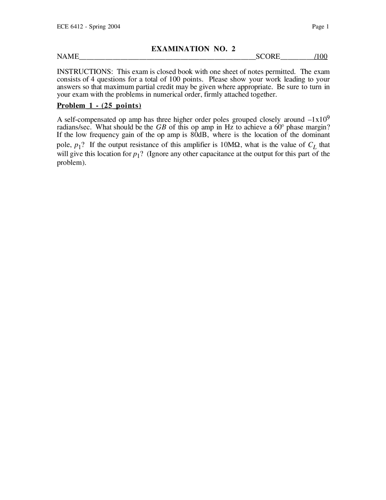 Exam 2 Problems Analog Integrated Circuit Design Ece 6412 Docsity