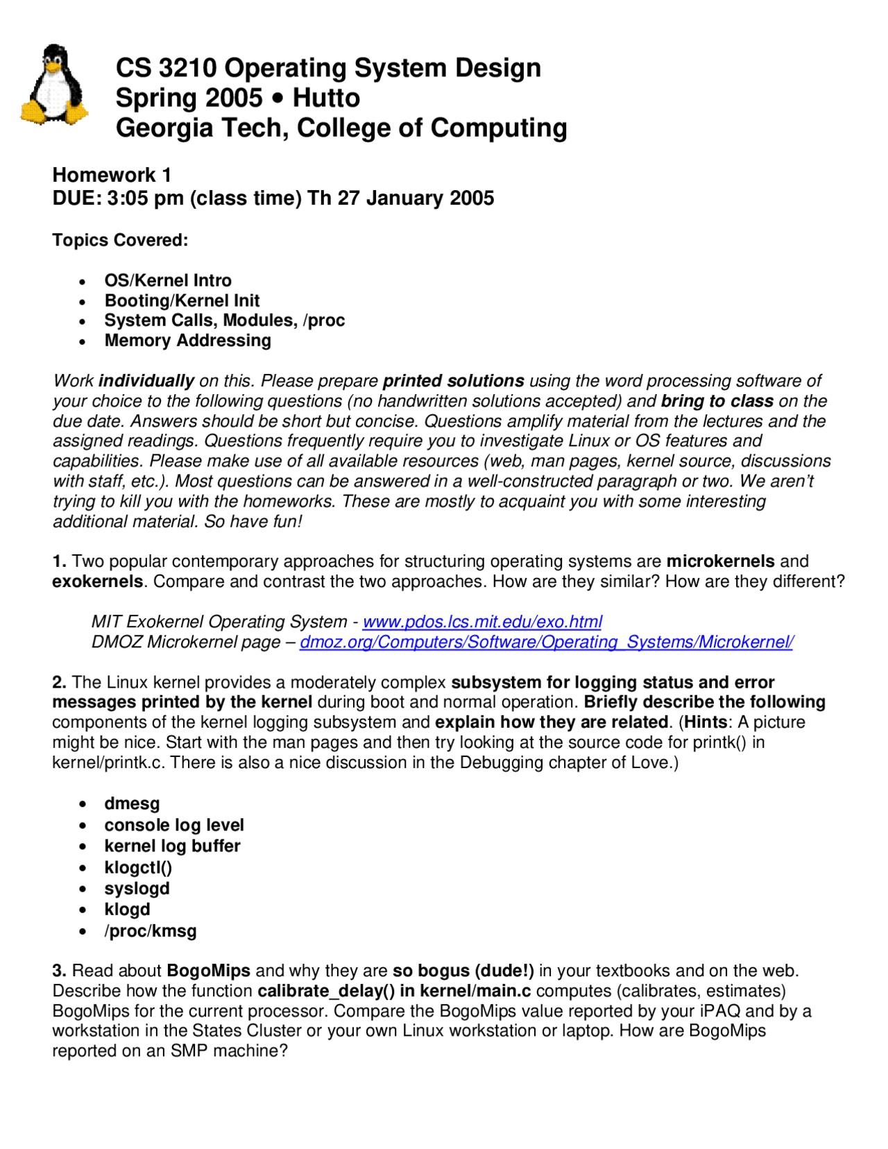 CS 3210 Operating System Design Homework 1 - Spring 2005 | Assignments Operating Systems | Docsity
