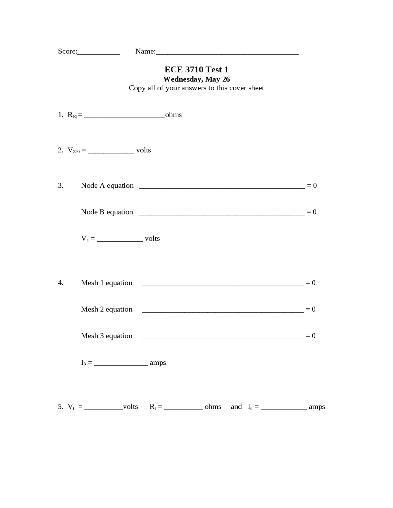 Circuits And Electronics Test Iii Questions Ece 3710 Docsity