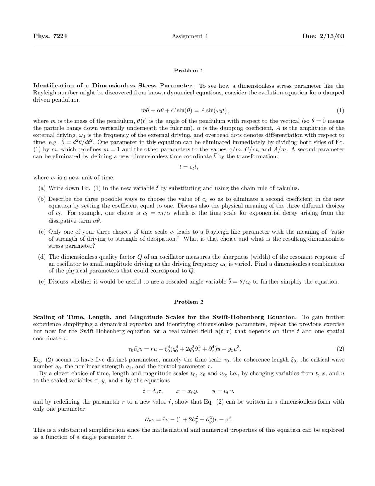 3 Problems For Assignment 1 Nonlinear Dynamics Phys 7224 Docsity