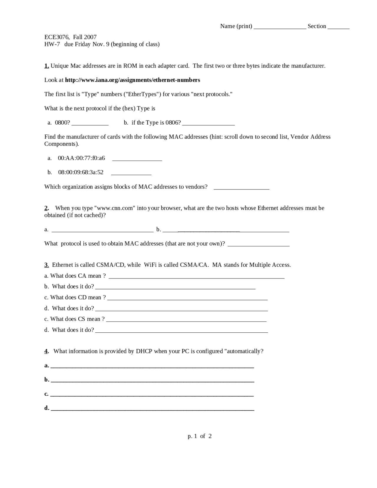 8 Problems on the Data Communication - Assignment | ECE 3076 - Docsity