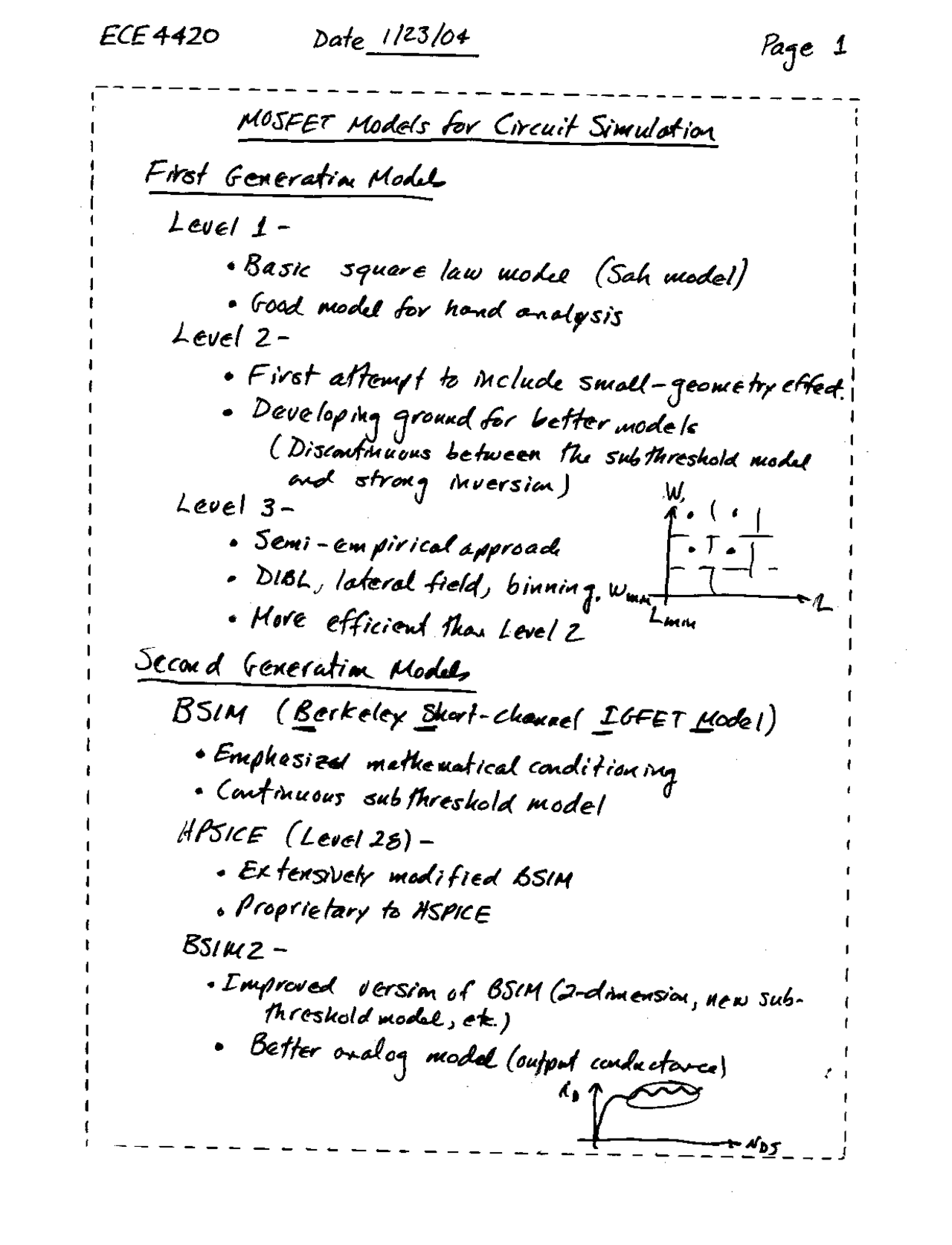 Mosfet Models For Circuits Simulation Handwritten Notes Ece 4420