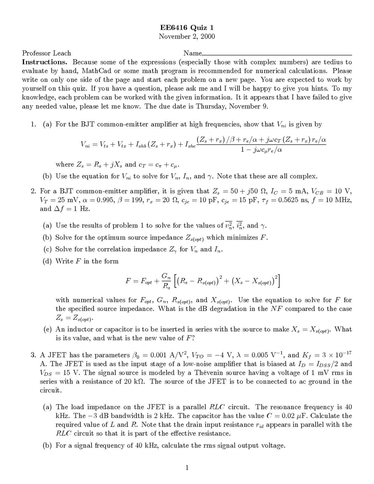 Quiz I Questions Low Noise Electronic Design Ece 6416 Docsity
