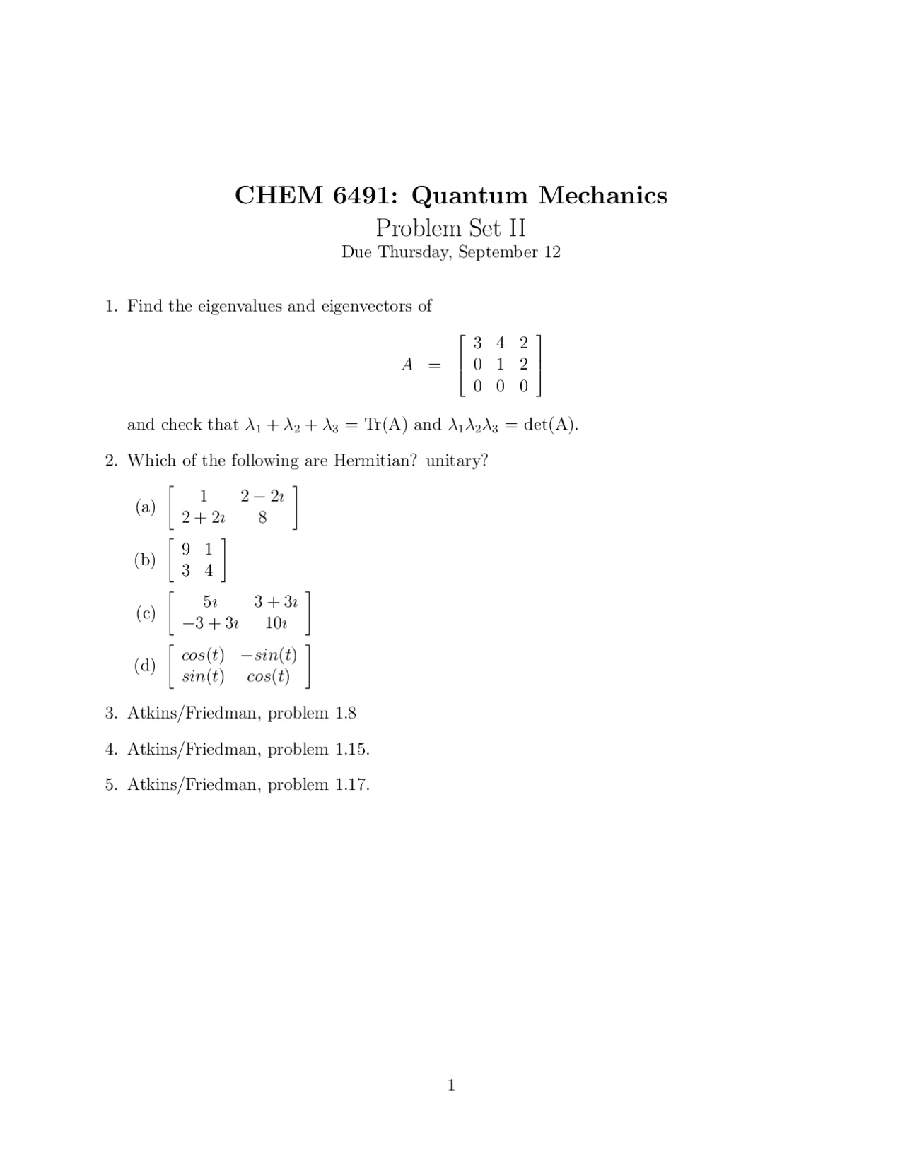 Problem Set II - Quantum Mechanics | CHEM 6491 - Docsity