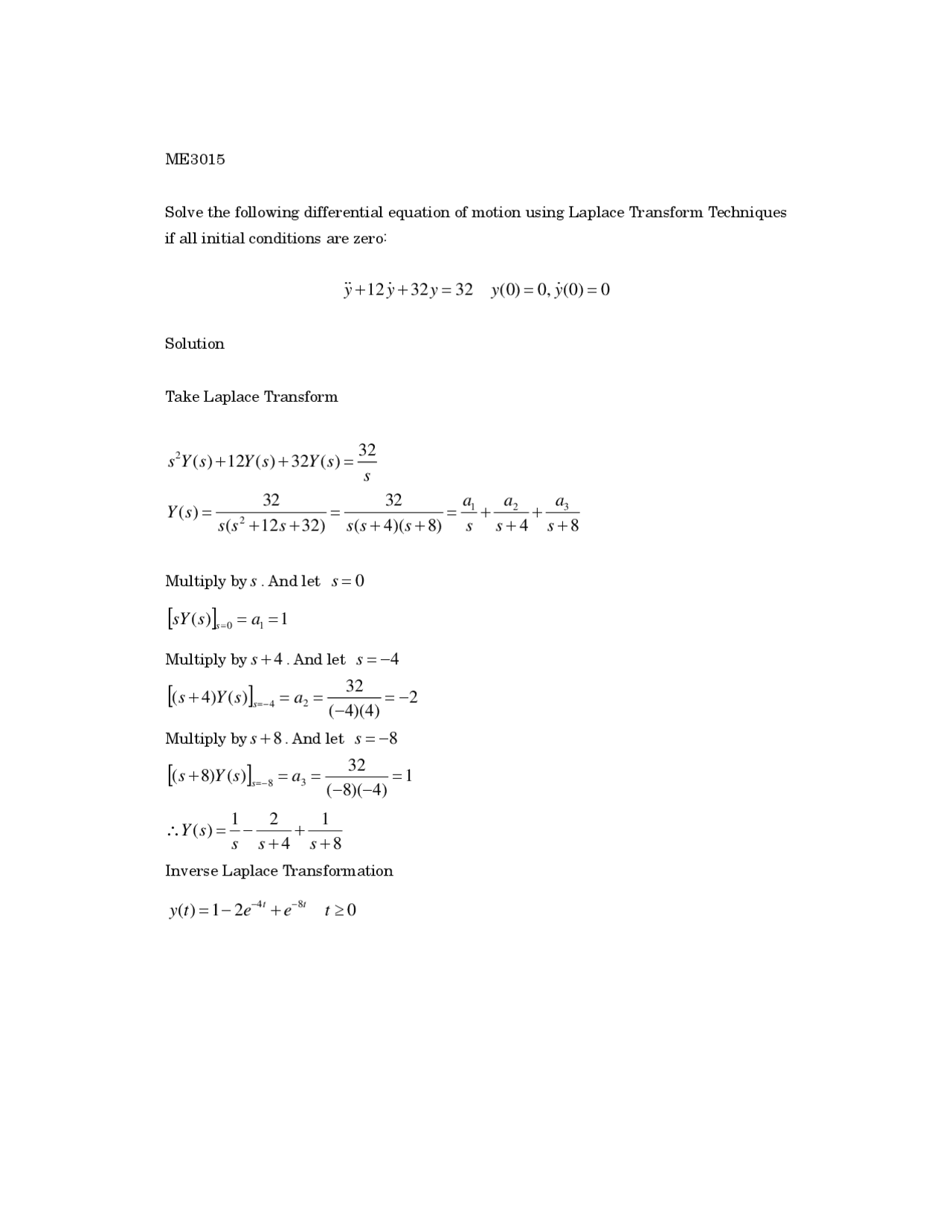 Laplace Transform Solution - System Dynamics and Control | ME 3015 - Docsity