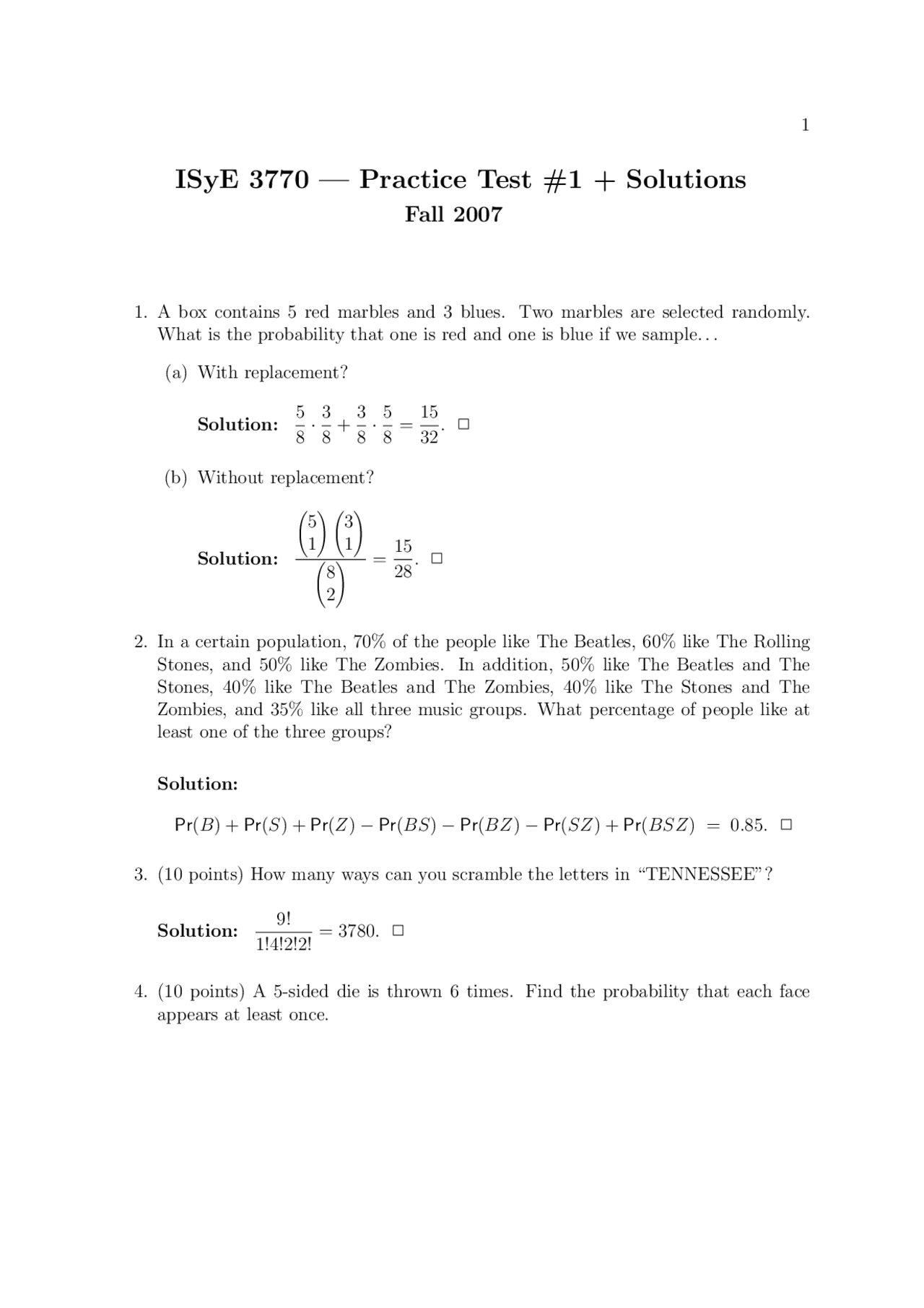 Practice Test With Solution For Statistics And Applications Isye 3770